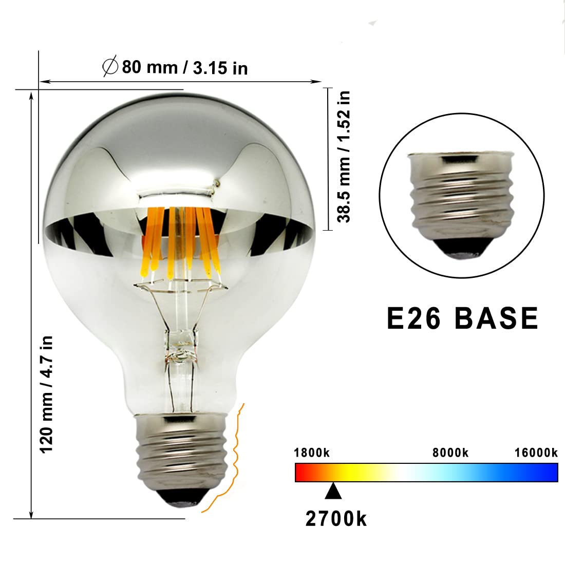 Half Chrome Light Bulb Dimmable LED Filament Vintage Bulb with Mirror 6W (60W Equivalent) G80/G25 E26 Medium Base Warm White 2700K