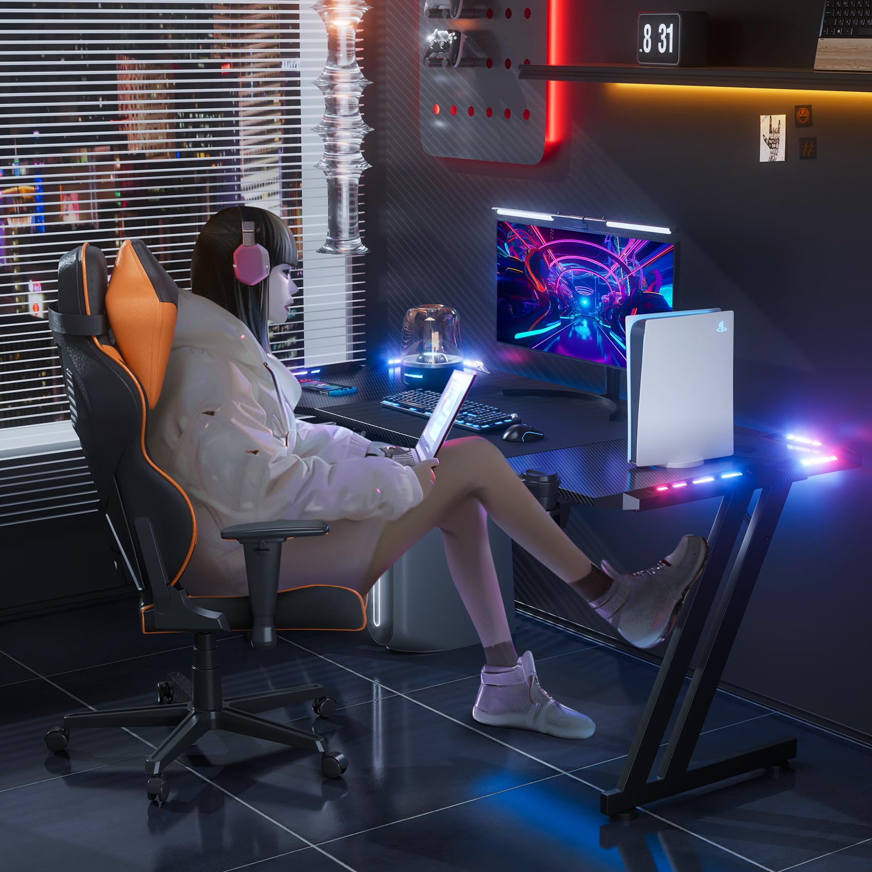 HLDIRECT 47 Inch Gaming Desk with LED Lights Carbon Fibre Surface Gaming Table Large Computer Desk Ergonomic Home Office Desks Z Shaped PC Gamer Workstations Pink