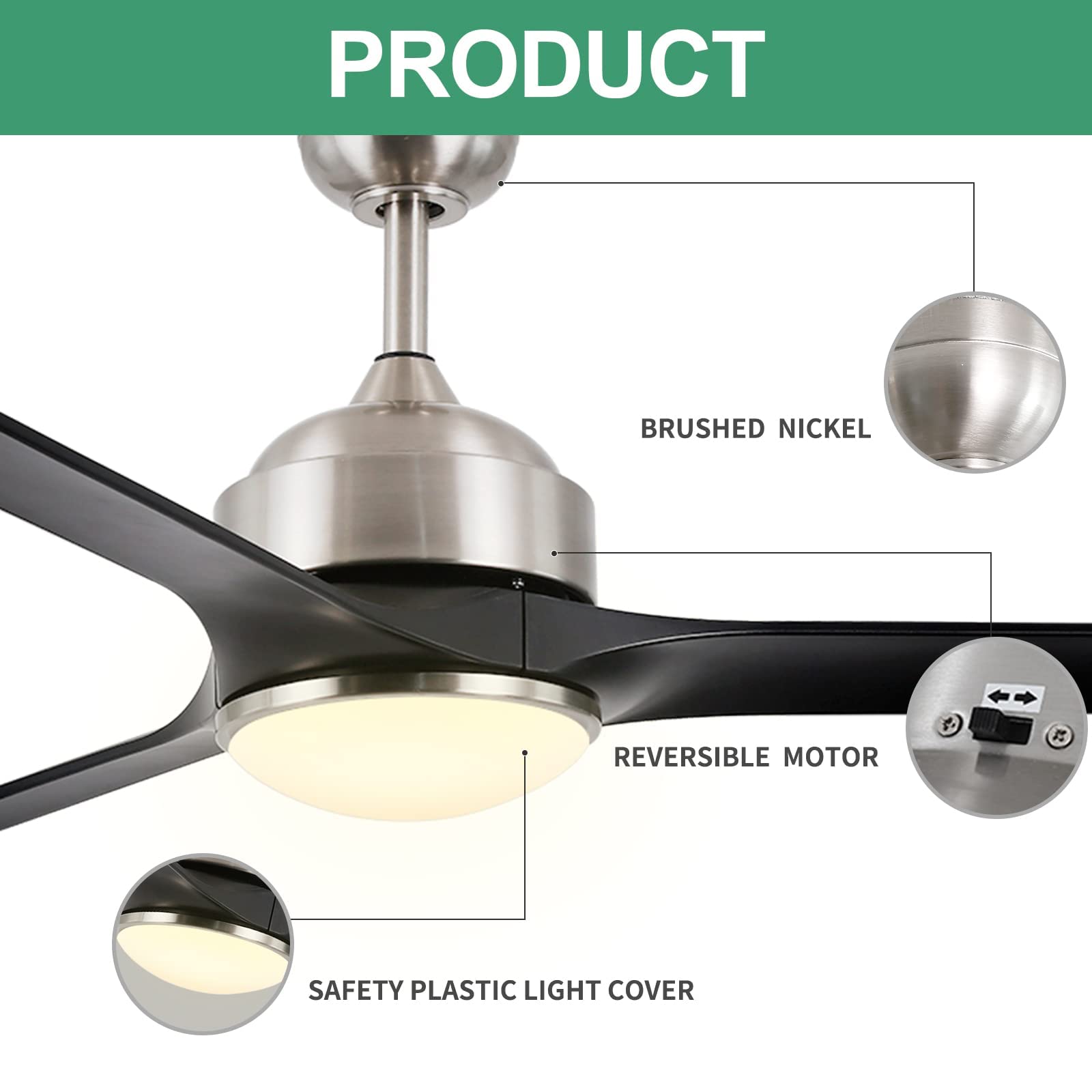 Homeybuff Ceiling Fan with Lights Remote Control, 60-Inch, Brushed Nickel(3 Blades), Dimmable LED Light