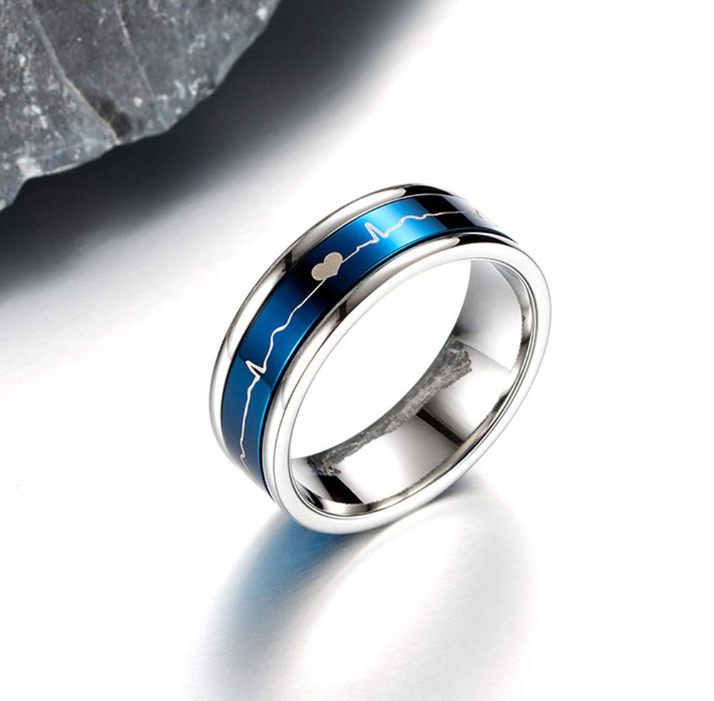 HIJONES Unisex 7MM Love ECG Heartbeat Spinner Ring Stainless Steel Wedding Promise Band Blue Size 8