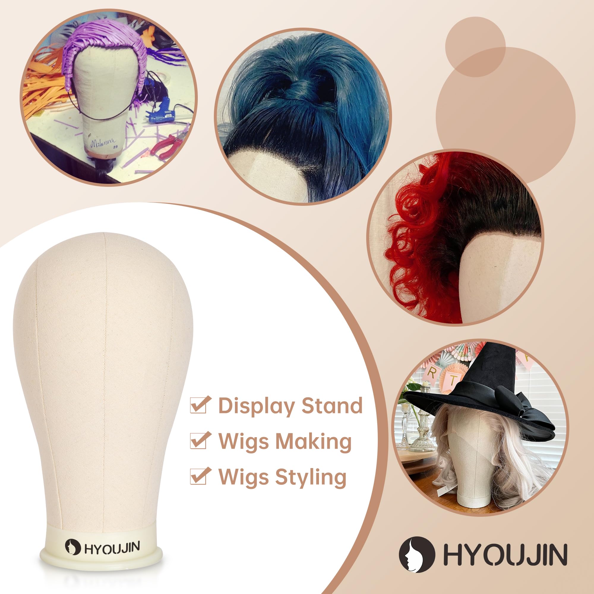 HYOUJIN 22" Canvas Wig Head Cork Block Head Mannequin Head with Mount Hole,come with Table Clamp for Display Styling Wigs Making Kit(Light Brown)