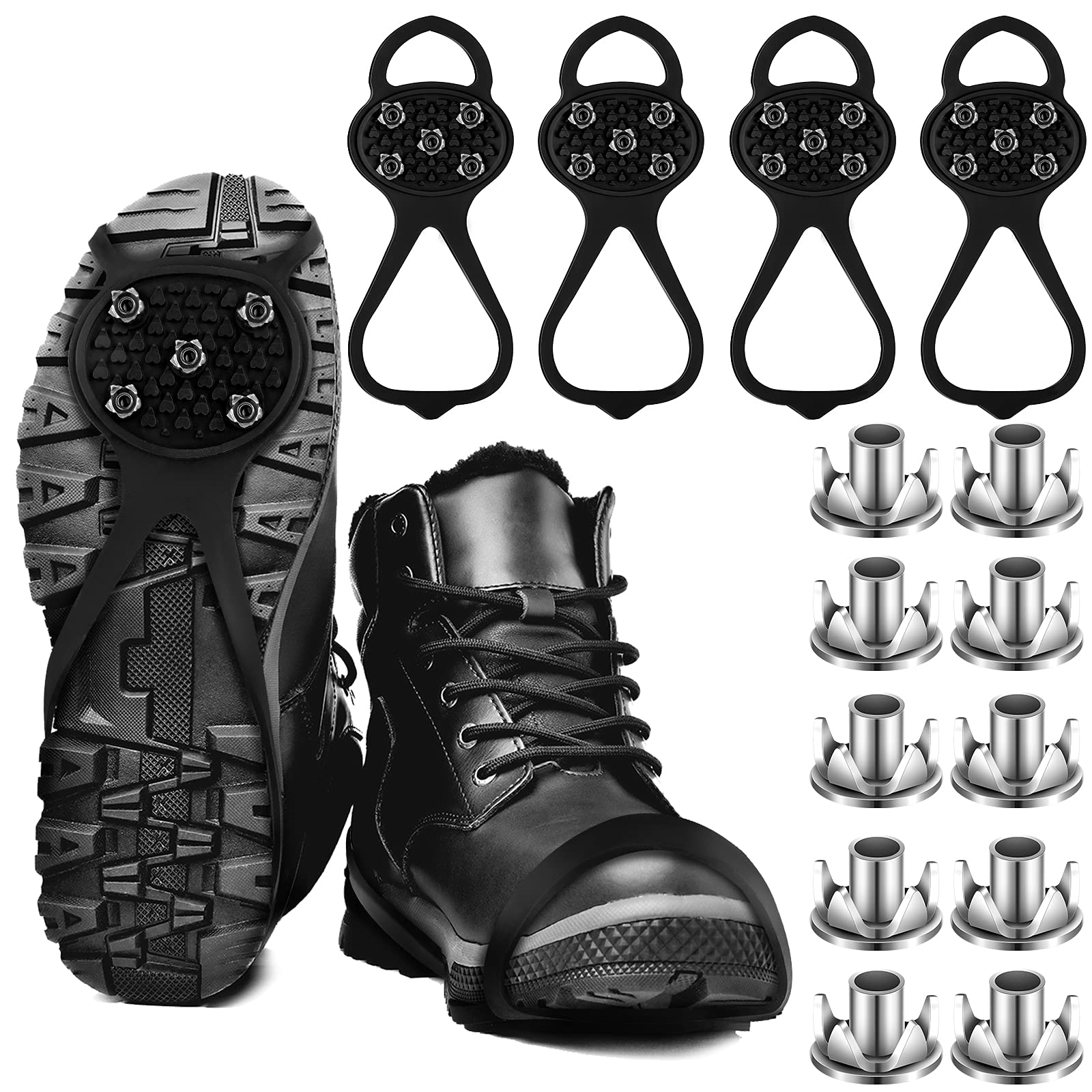 Ice Cleat Crampons with Anti Slip Studs Non-Slip Traction Grippers and Replacement Spikes for Winter Hiking on Ice Ground Women Men (5 Teeth Style)