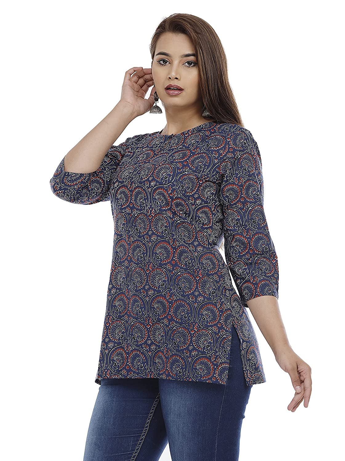 Holy libas Short Kurti for Women's, Blue Printed Straight Cotton Kurta, Round Neck 3/4 Sleeve for Women for Girls (as1, alpha, m, regular, regular, Blue)