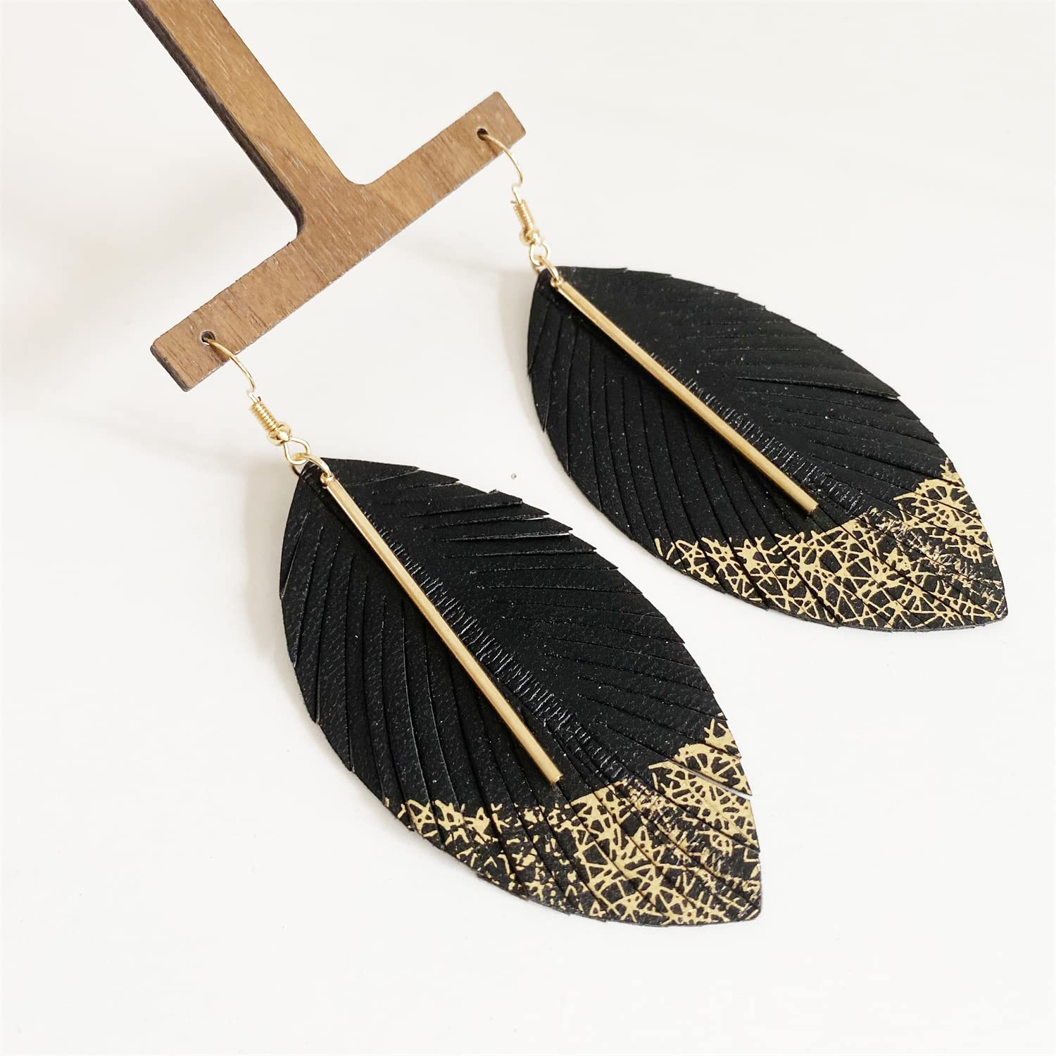 Handmade Bohemian Lightweight Soft Genuine Leather Feather Leaf Dangle Drop Earring Sparkle Real Leather Large Leaf Hook Earrings With Simple Drop Metal Bar for Women Statement Jewelry Gifts (Black Color)