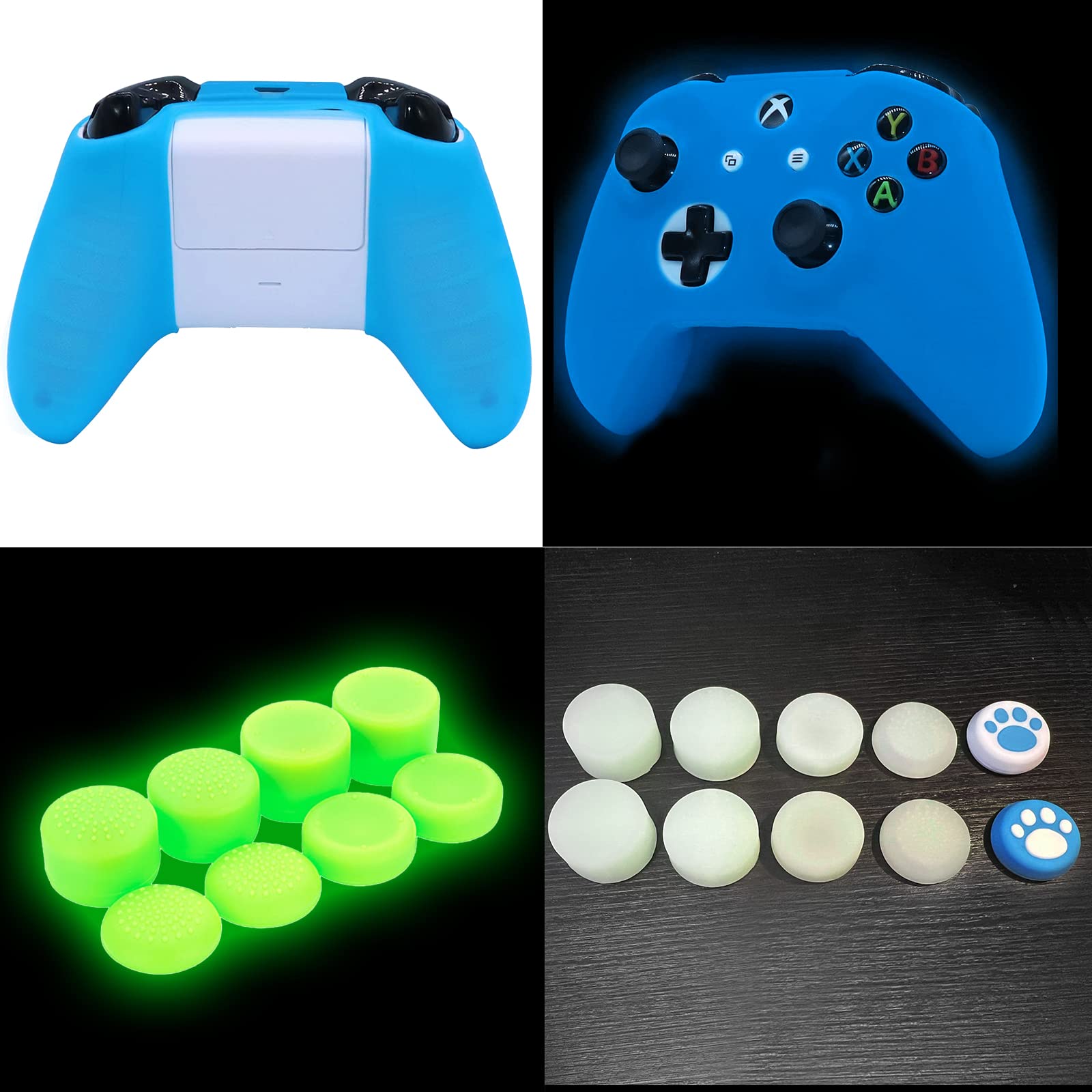 HLRAO Blue Silicone Cover Skin for Xbox One S/X Controller Glow in The Dark Anti-Slip Soft Rubber Case Protector Accessories Set with 8 Glow in The Dark Thumb Grips Caps + 2 Cute Cat Paw Caps.