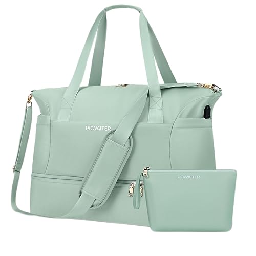 Weekender Bag with Shoe Compartment, Gym Bag for Women with Wet Pocket, Large Travel Bag with USB Charging Port for Travel and Gym-Green