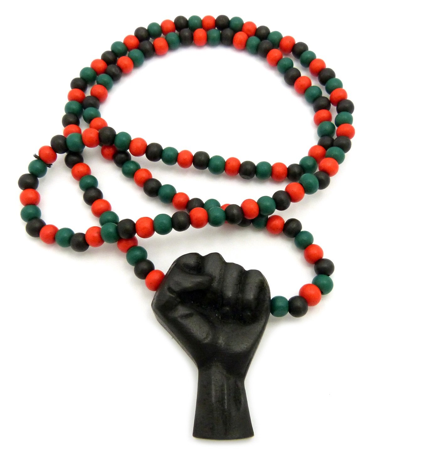 Hip Hop Rising Fist Pendant 8 mm 24, 27, 30 inches Wooden Bead Necklace (Multi Beads, 36)