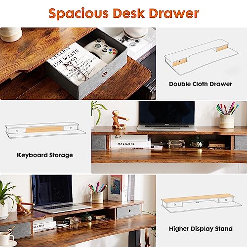Height Adjustable Electric Standing Desk with Storage Shelf Double Drawer, 55 x 24 Inch Stand up Desk, Sit Stand Desk with Splice Board, Standing Table Black Frame/Rustic Brown Desktop for Home Office