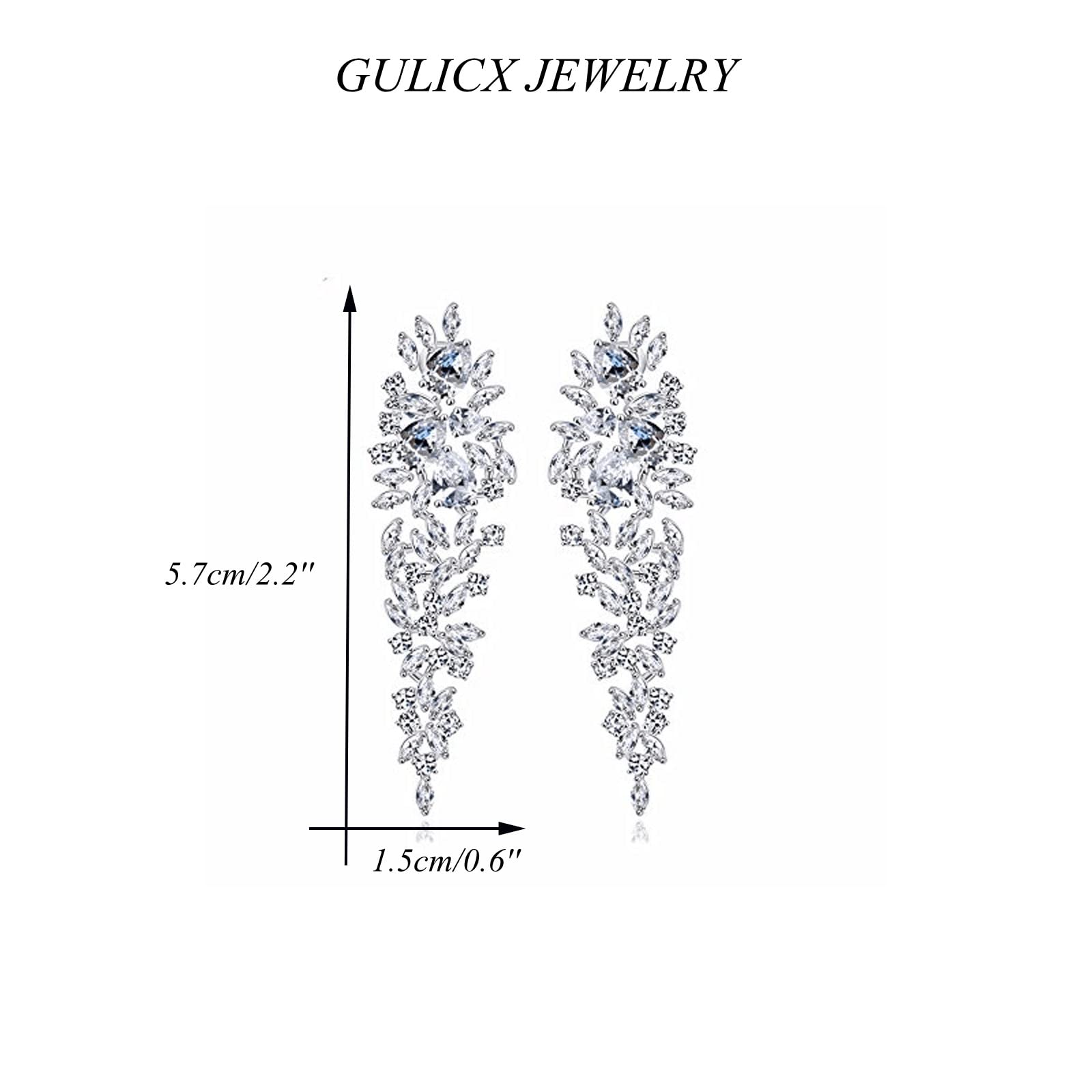 GULICX Shinning Cubic Zirconia Art Deco Leaves Drop Chandelier Dangle Wedding Earrings for Brides Silver Tone
