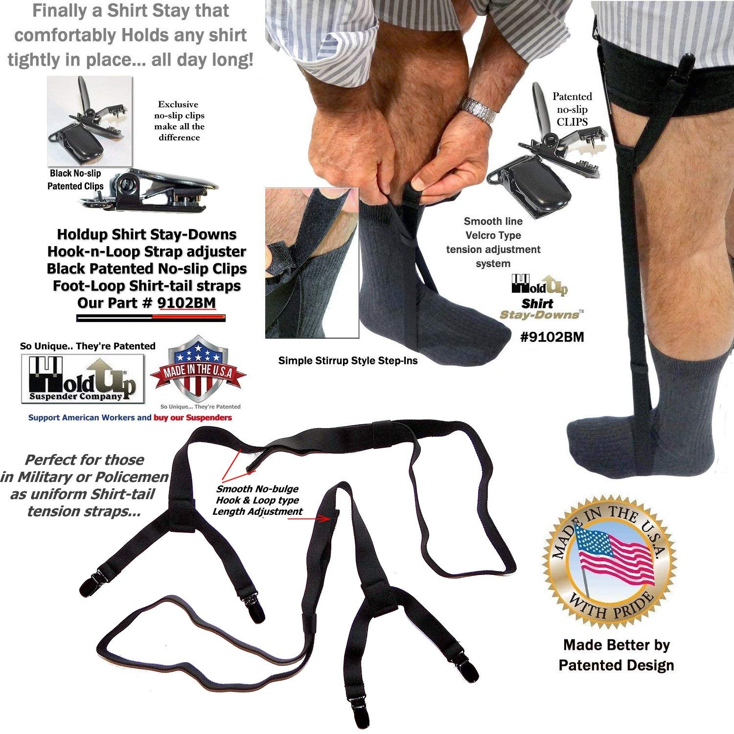Hold-Ups Stay-downs Dress Shirt Stays Y-Style Metal with USA Patented No-slip Clips