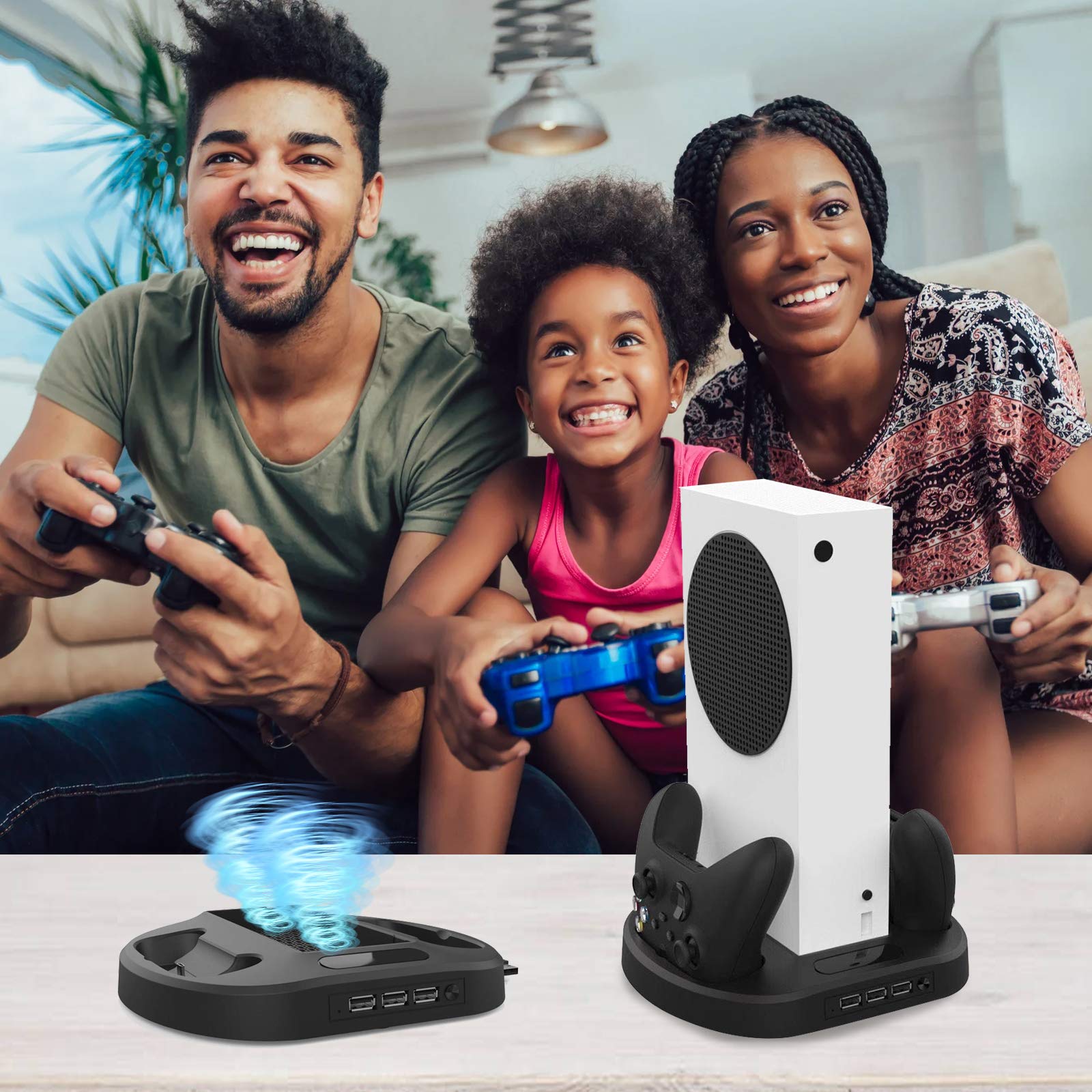 ICQUANZX Vertical Stand for Xbox Series S with Cooling Fan Xbox Series S Stand Controller Charge Station with Dual Controllers EXT Port Charger Dock and 3 USB HUB