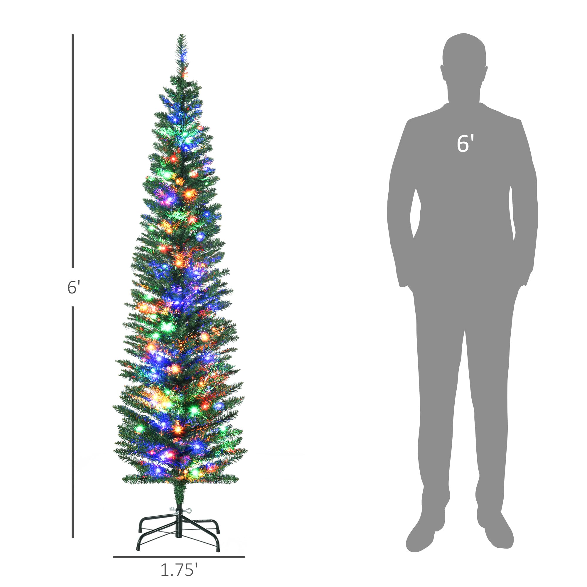 HOMCOM 6ft Tall Pencil Prelit Artificial Christmas Tree Holiday Décor with 390 Branches, 150 Colorful LED Lights, Steel Base, Green