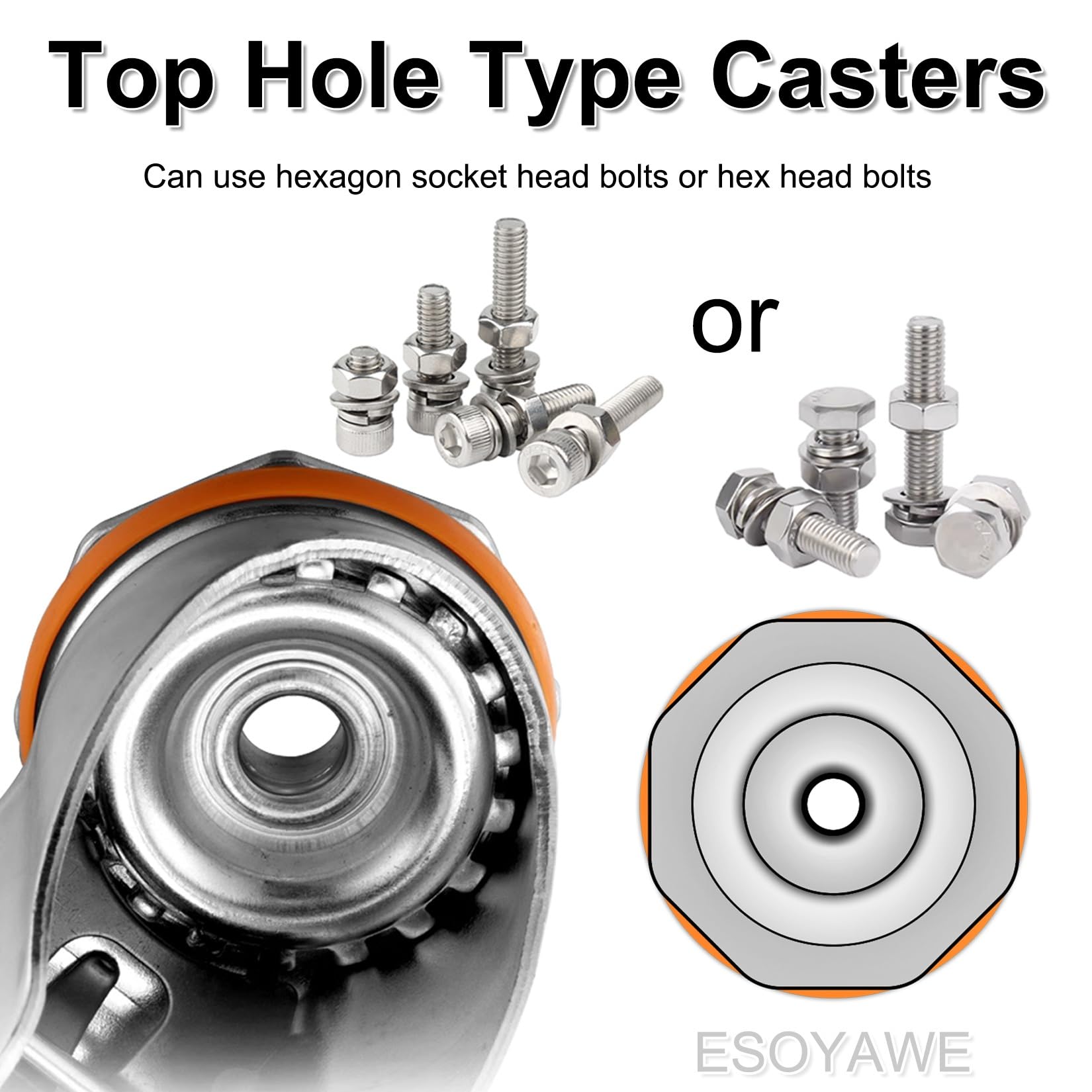 Heavy Duty TPE Rubber Swivel Caster Wheel 4 Pcs, Ø 3in 4in 5in Silent Furniture Replacement Casters, Suitable for M12 Type Bolts Top Hole Type Caster Wheels with Brakes