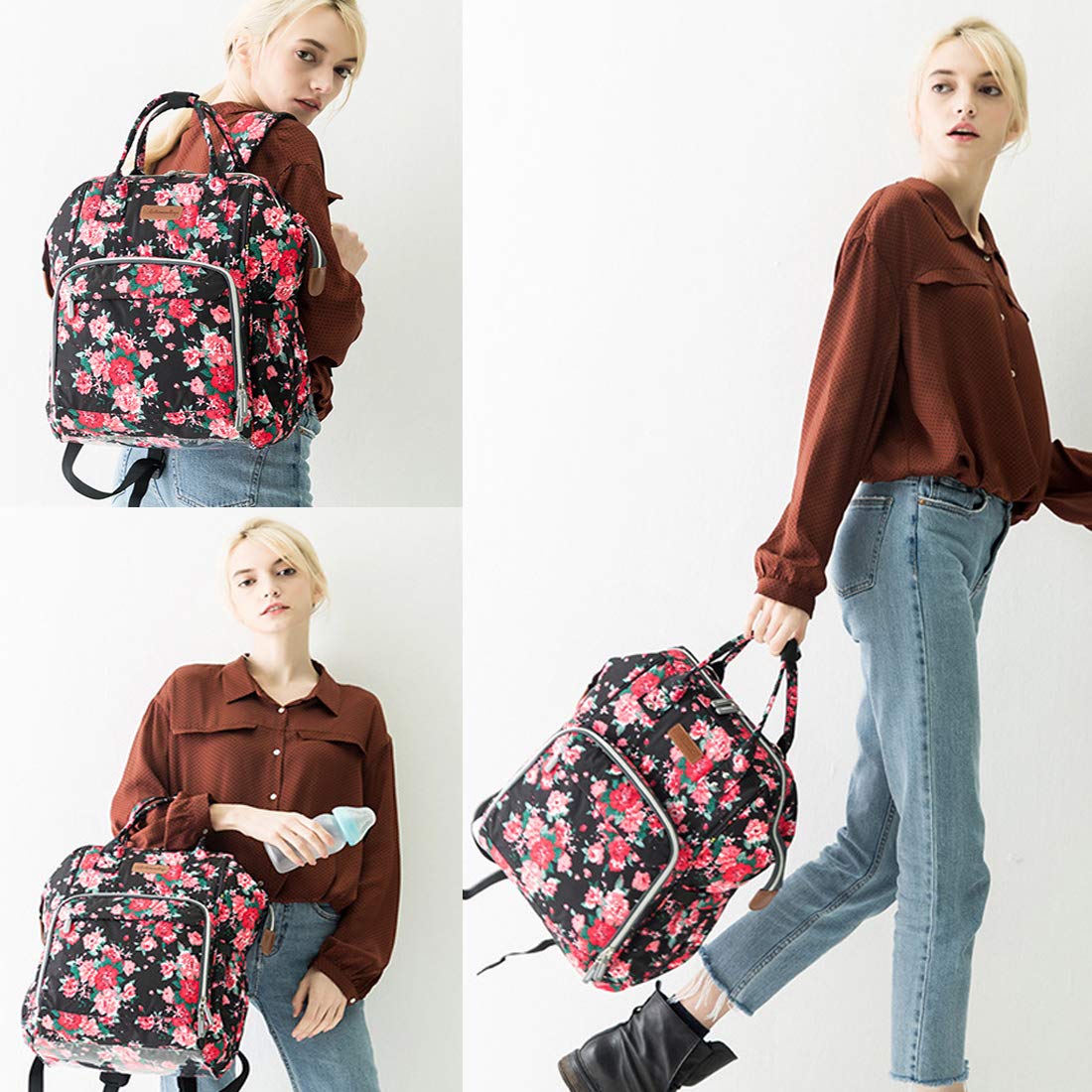hopopower Diaper Bag Backpack, Diaper Bag with USB Charging Port for Mom & Dad, Large Multifunction Baby Nappy Changing Bags,Waterproof & Stylish, Floral
