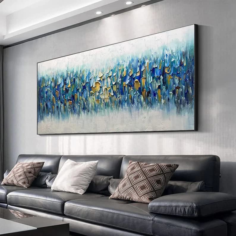 Handmade Large Abstract Oil Painting Original Textured Boho Teal Fancy Acrylic Artwork Canvas Wall Art Home Decor (Un-framed,24x48inch-60x116cm)