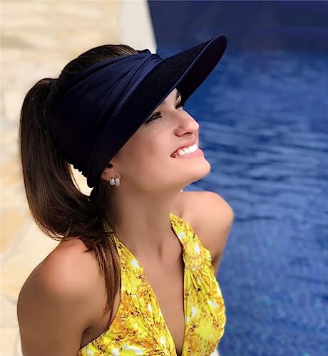 Sun Hat Women Beach Visor Cap UV Protection with Wide Brim Packable Summer Sport Ponytail Sun Cap Navy Blue