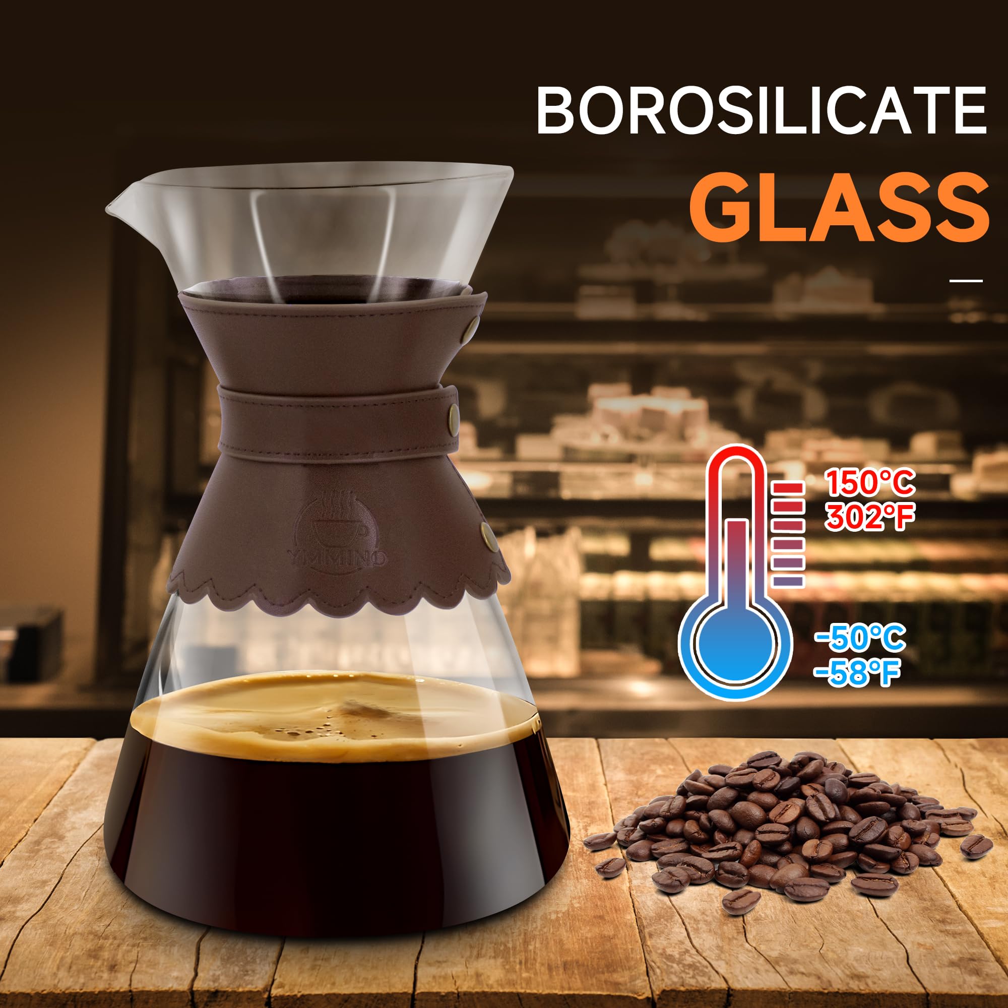 YMMIND 34oz Pour Over Coffee Maker with Double Layer Stainless Steel Filter, Borosilicate Glass Dripper, Detachable Heat-Resistant Leather Pad 7-8 Cups Coffee Maker Carafe(Dark brown)