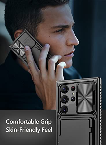 Vihibii Case with Card Holder (4 Cards) & Sliding Camera Cover & Kickstand, Shockproof Rugged Hard Back & TPU Edge Wallet Case for Samsung Galaxy S23 Ultra 5G 6.8" 2023 , Black