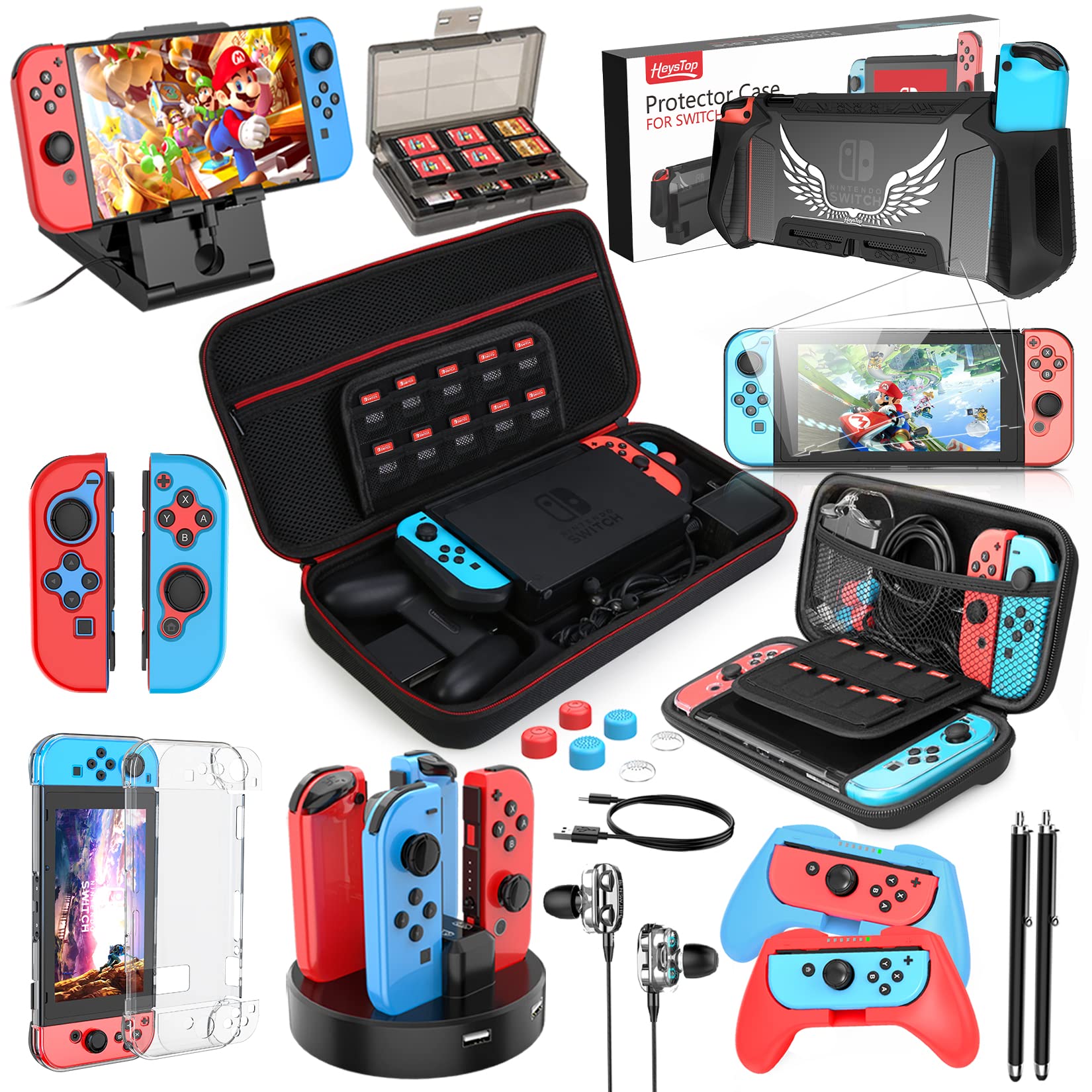 HEYSTOP Switch Accessories Bundle 25 in 1 Compatible with Nintendo Switch, Gift Kit for Switch Carrying Case, Dockable Protective Case, Screen Protector, Steering Wheel, PlayStand, Joycon Grip (Black)