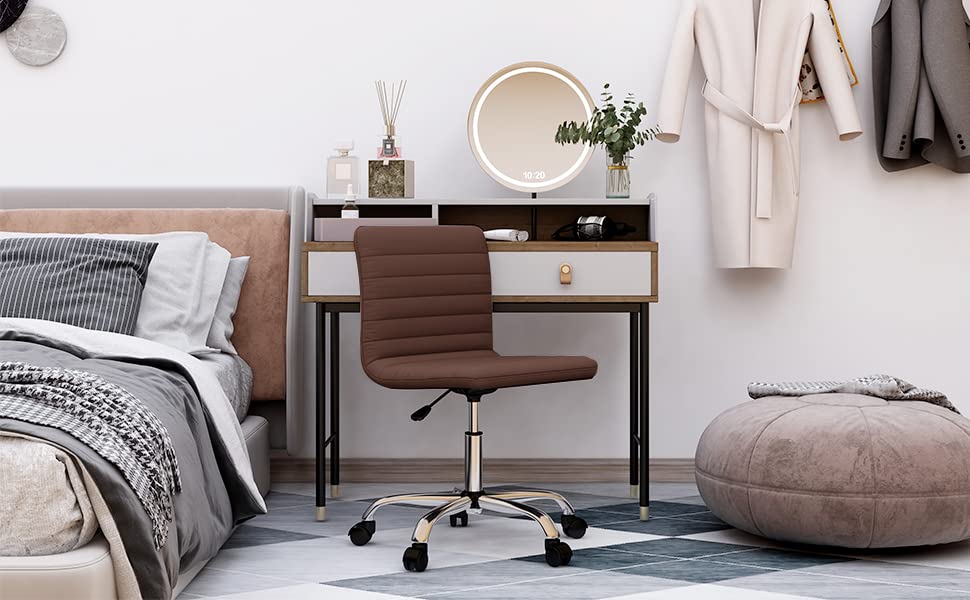 HOMEFLA PU Leather Office Armless-Computer Swivel Rolling Task Home Low Back Makeup Ribbed Desk Chair with Wheels for Bedroom Conference Reception Room (Brown, Retro)