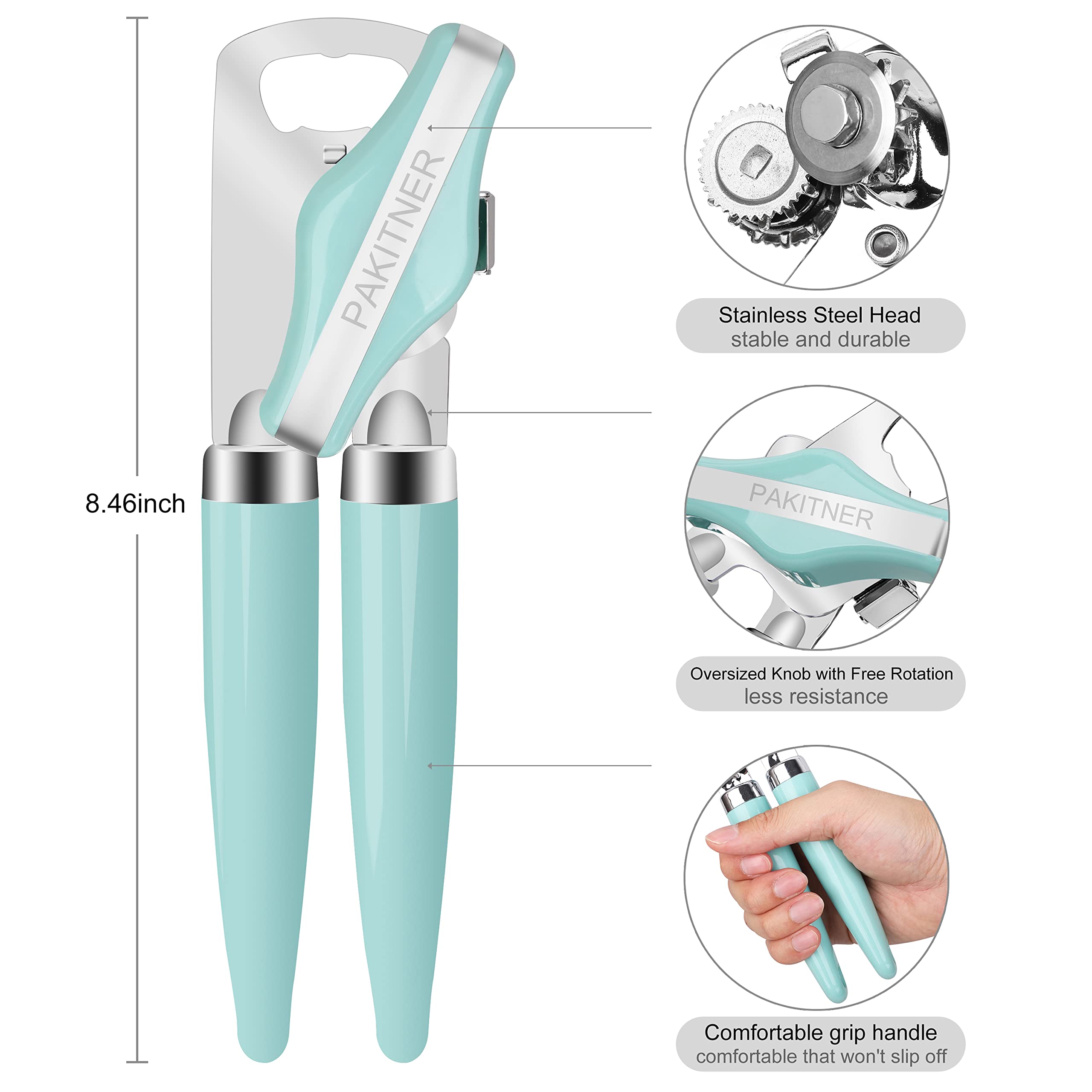 PAKITNER - Can Opener Manual, Safe Cut Heavy Duty Hand Can Opener with Magnetic Lifter, Stainless Steel with Sharp Blade Smooth Edge Can opener, Easy Big Turn Knob, with Bottle Opener, Aqua Sky