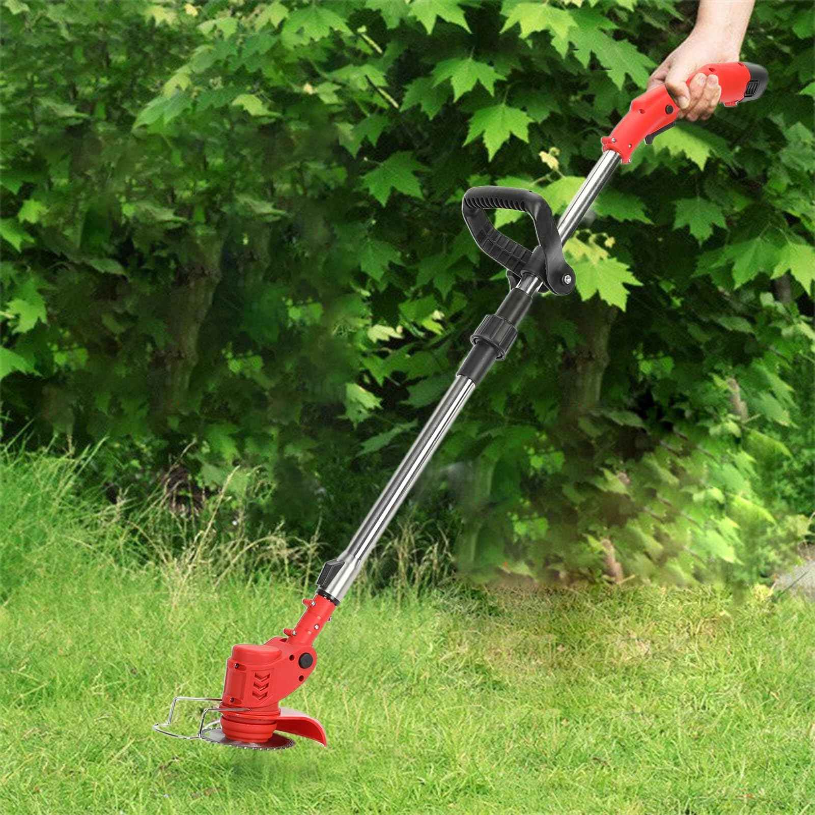 Hesitroad Electric Grass Trimmer, Anti-Slip Handle Electric Weed Eater Cordless Telescopic Rod Brush Cutter Multi-Purpose String Trimmer Lawn Mower for Garden 12V 2000mAh 2 Batteries 1 Charger R