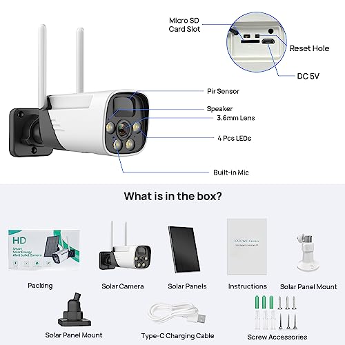 VIKYLIN Solar Security Cameras Wireless Outdoor, 2K Battery Powered Outdoor Camera, 2.4GHZ WiFi Home Security with Spotlight Color Night Vision, AI PIR Motion Detection, 2-Way Talk, Siren Alarm