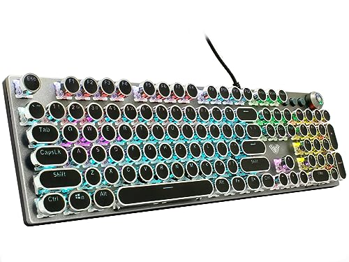 ZDawnn Typewriter Style Mechanical Gaming Keyboard.LED Rainbow Backlit,104 Keys,Retro Punk Round Keycaps with Brown Switch,Wired with USB-A,for PC/Mac/Laptop