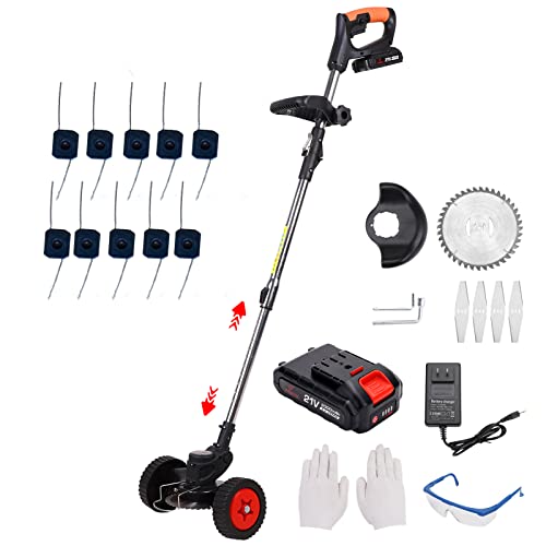 Weed Wacker Cordless Weed Eater,3-in-1 Lightweight Push Grass String Trimmer Edger,21V Li-Ion Battery Powered,3 Lawn Tools with Lightweight Wheeled for Home Garden Yard Mowing(Black)