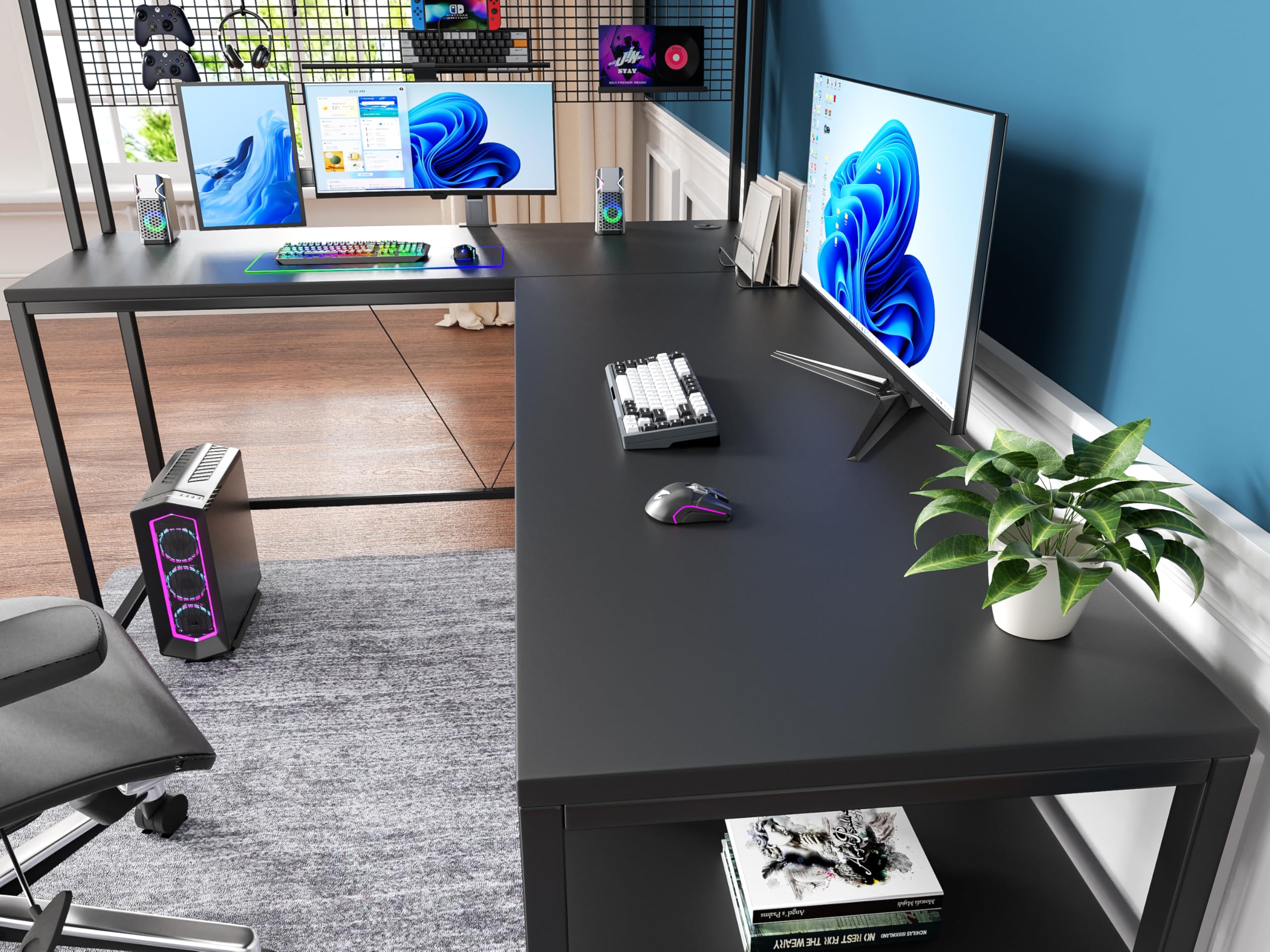 VEELOK 67 inch L Shaped Gaming Desk with Hutch Pegboard LED Lights, L Shape Desk for Home Office Bedroom