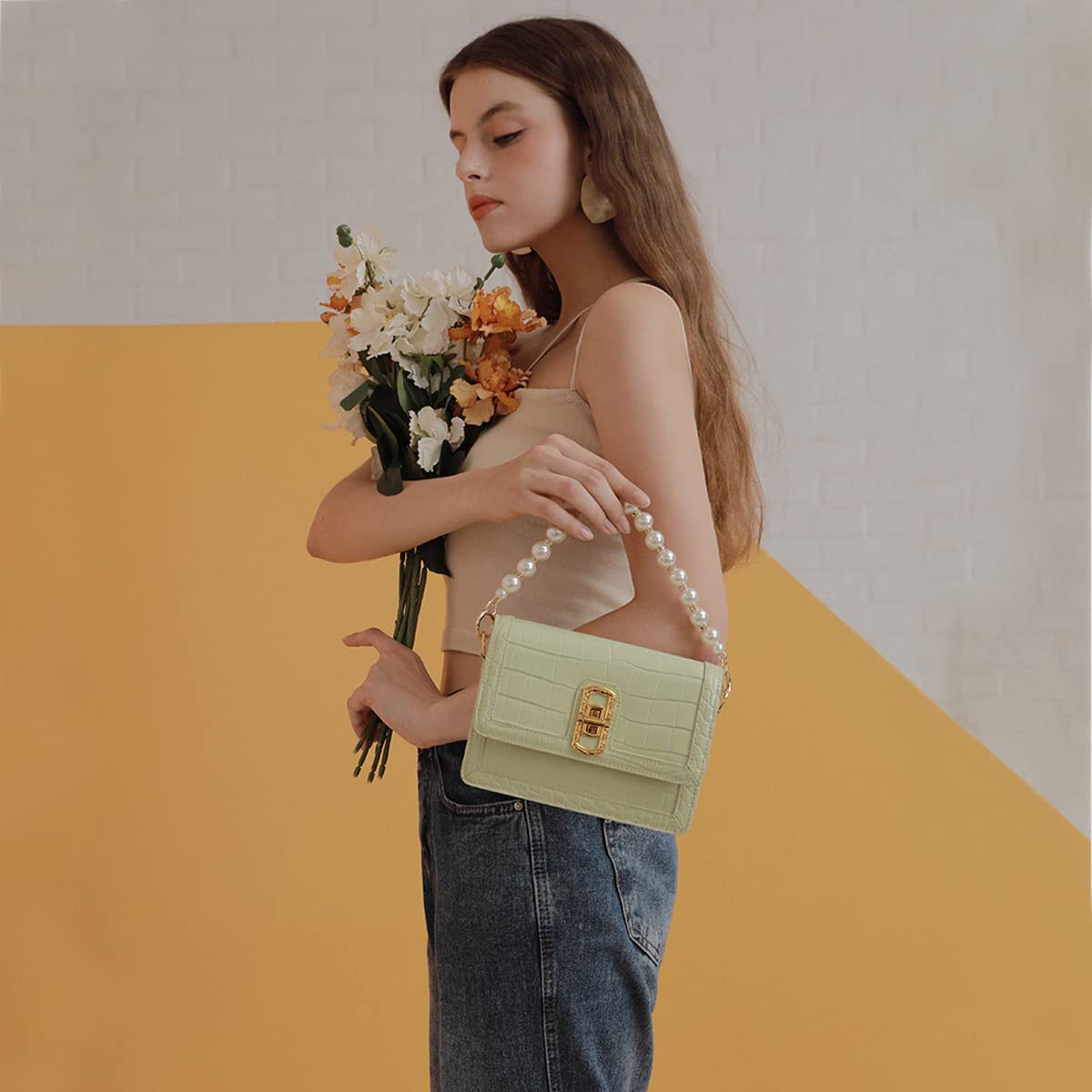 Leather Handbags for Women, Cowhide Leather Crossbody Bags with Pearl Handle Shoulder Strap(Green)