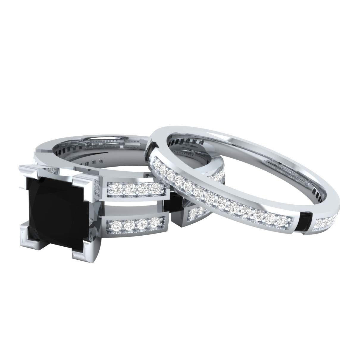 IDEALJEWEL95 2.60 ct Black Spinel & White Sapphire Sterling Silver Bridal Set Ring Sizable Engagement Ring/Wedding/Valentines