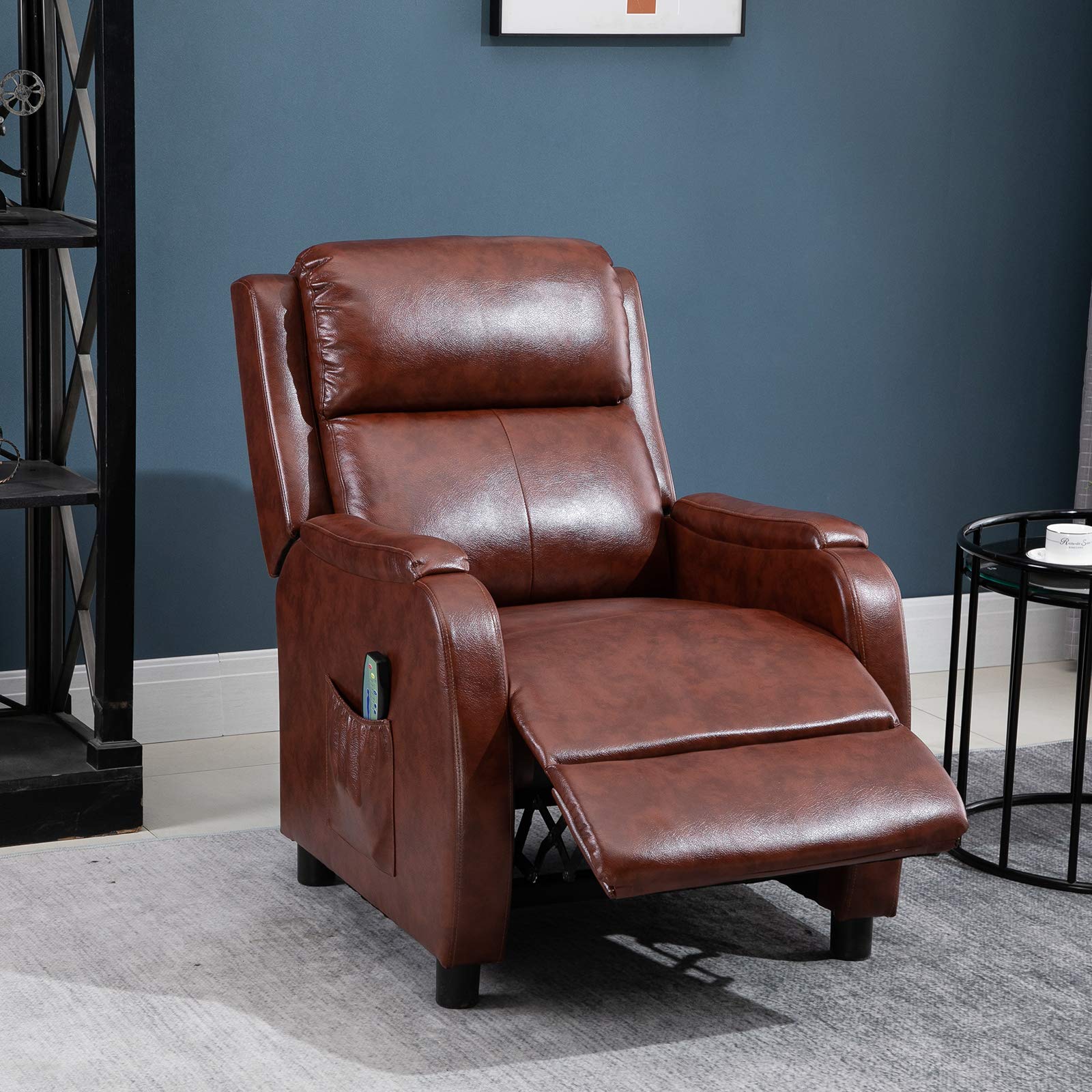 HOMCOM Massage Recliner Chair Padded Seat Cushion 165° Reclining Sofa with Side Pocket for Living Room, PU Leather, Remote Control, Light Brown