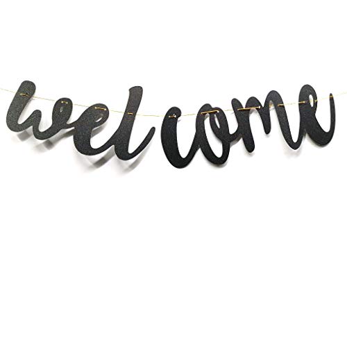 Welcome Black Glitter Vintage Party Banner Wedding Birthday Bunting House Home Classroom Decorations Garland Photo Props Back to School Party Supplies