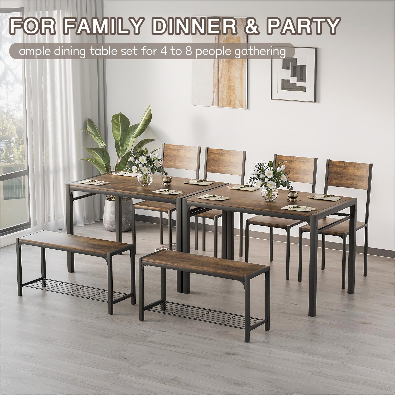Shahoo Kitchen Table and 2 Chairs for 4 with Bench, 4 Piece Dining Sets for Small Space, Brown