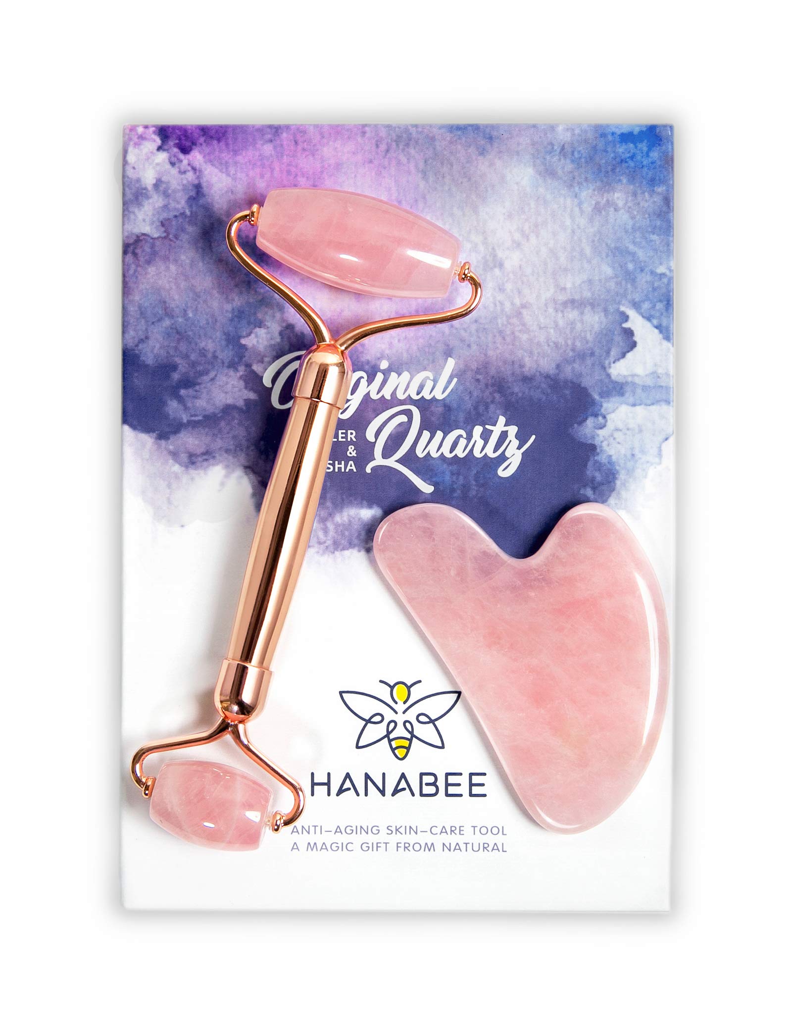 HANABEE Authentic Jade Roller for Face Gua Sha Facial Tools Face Roller Skin Care Facial Roller for Puffiness -Rose Quartz