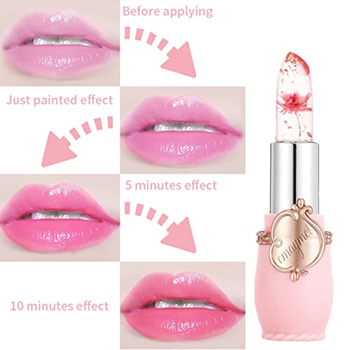paminify 2Pcs Jelly Clear Crystal Flower Magic Lipstick Tinted Lip Balm Nourishing Moisturizing Lip Stick labial magicos,pink