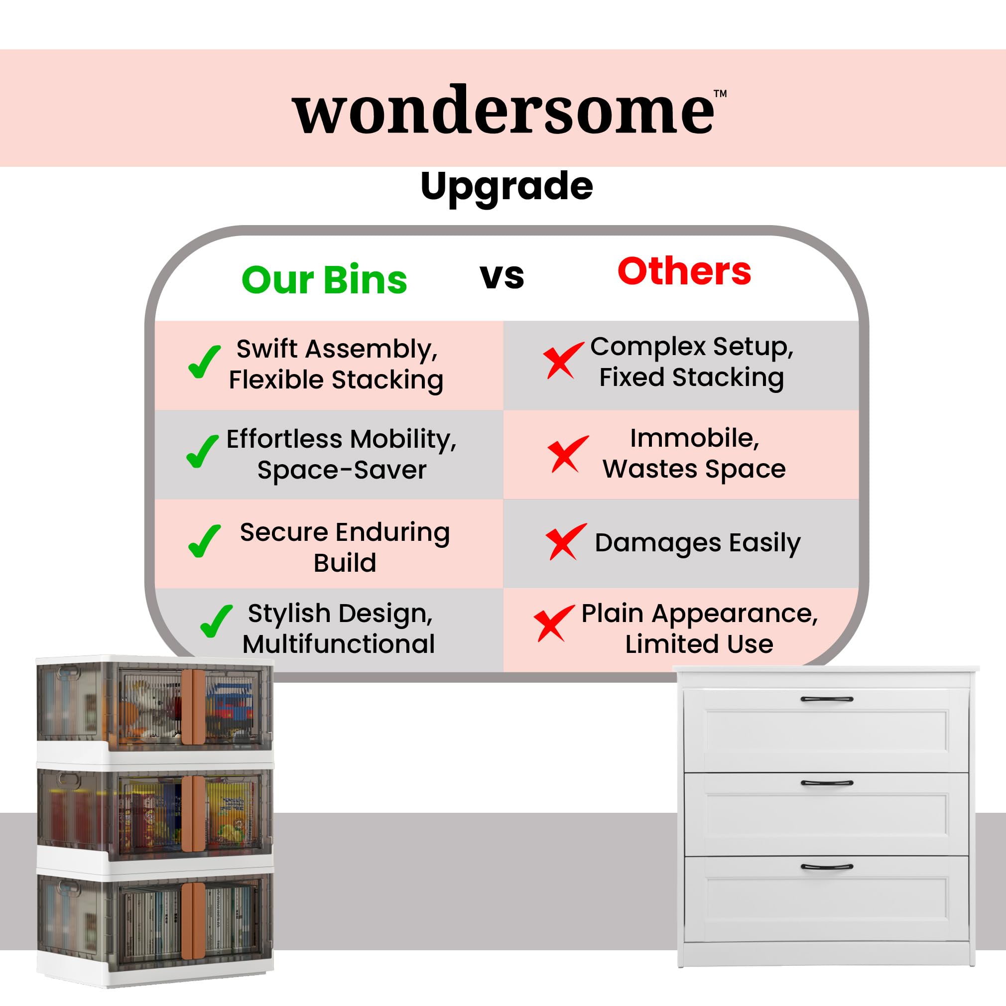 Wondersome Collapsible Storage Bins - 6-Pack of Extra-Large 19-Gallon/76-Quart Stackable Wheeled Clothing, Shoe, Bedroom, Office Organizer - Foldable Containers - Assembles in Second - US-Based Brand