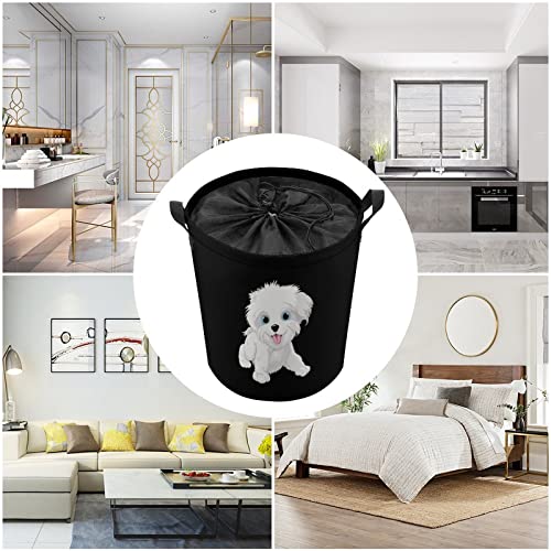 Playful Lap-Dog Laundry Basket Round Collapsible Storage Bin with Drawstring and Handle for Bedroom Bathroom Toys Room 17.3" X 13.8"