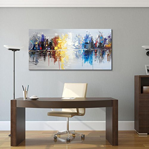 Hand Painted Modern Cityscape Textured Oil Painting on Canvas Reflection Abstract City Wall Art Decor