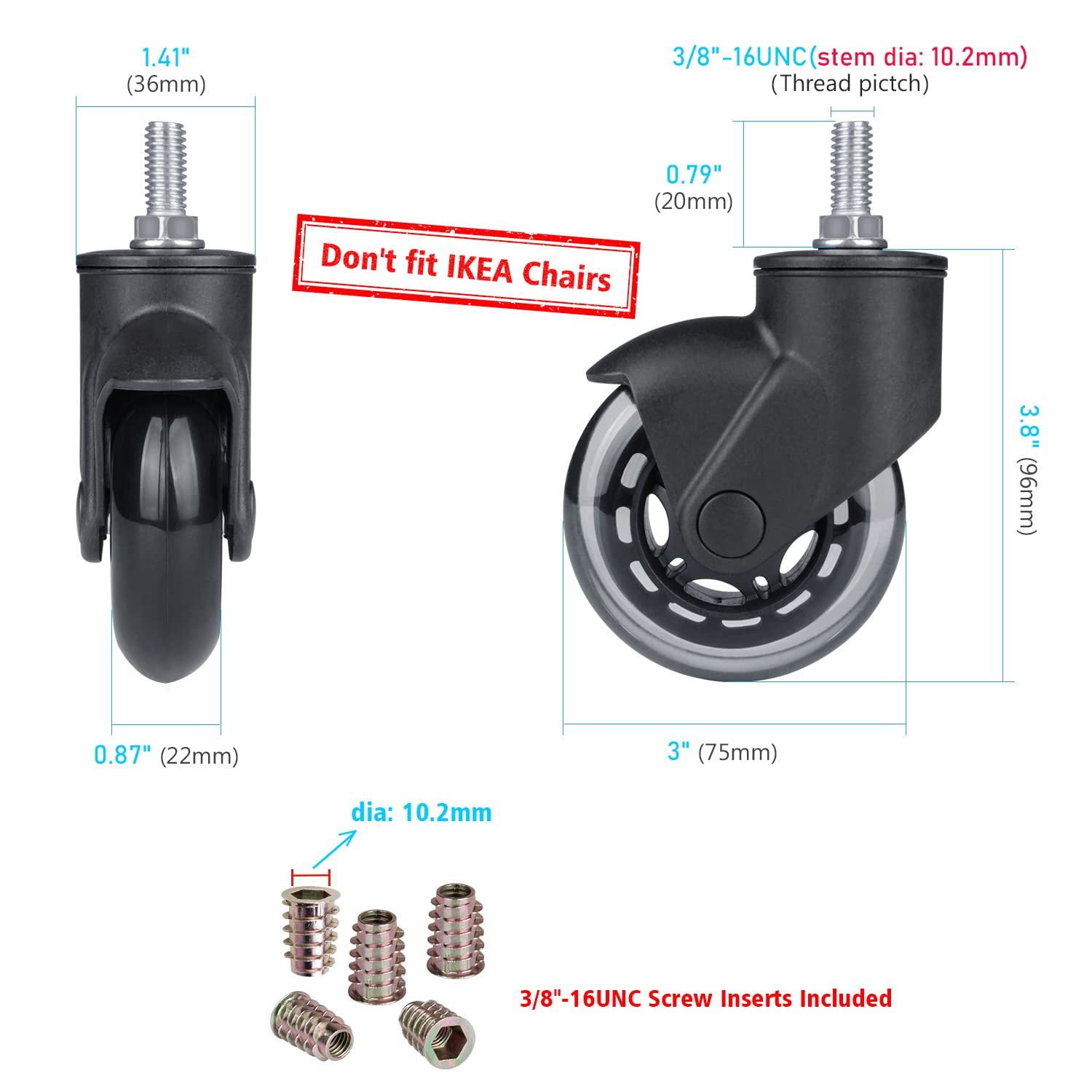 Hirate 3" Office Chair Casters with 3/8"-16UNC Threaded Stem, Mute Caster Roller Replacement Upgraded with Dust-Proof Cover for All Floors,Set of 5 with Furniture Screw Inserts