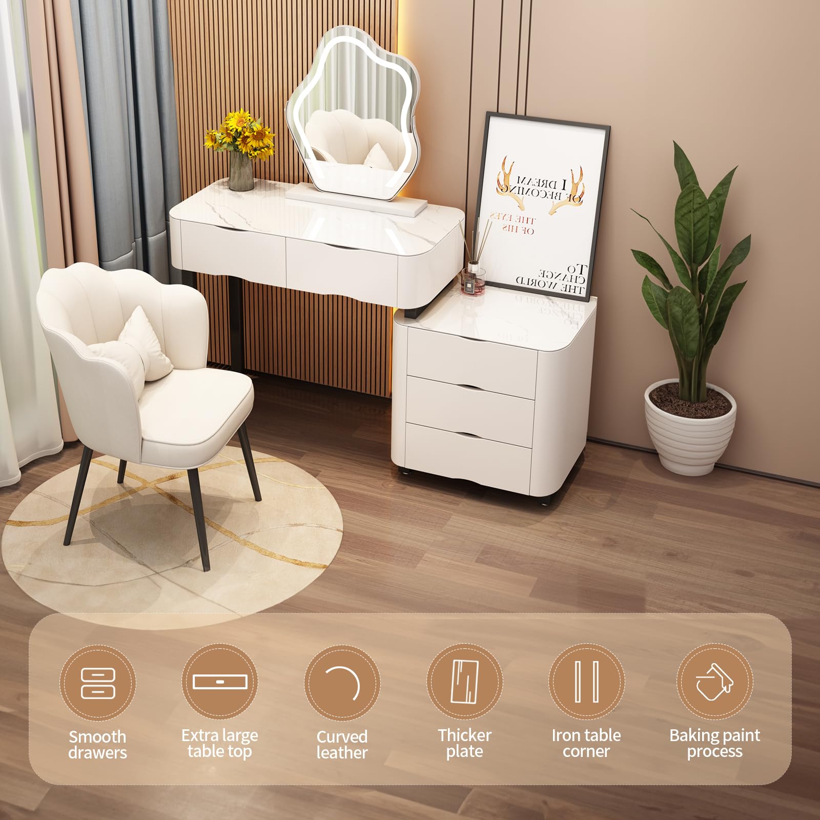 Hunlyman Makeup Vanity Desk, Modern Style Makeup Table Made of Solid Wood,Including Rotatable/Removable Touch Screen HD LED Mirror(3-Brigntness) and Soft Chair,Family Bedroom (39 Inch/100CM)