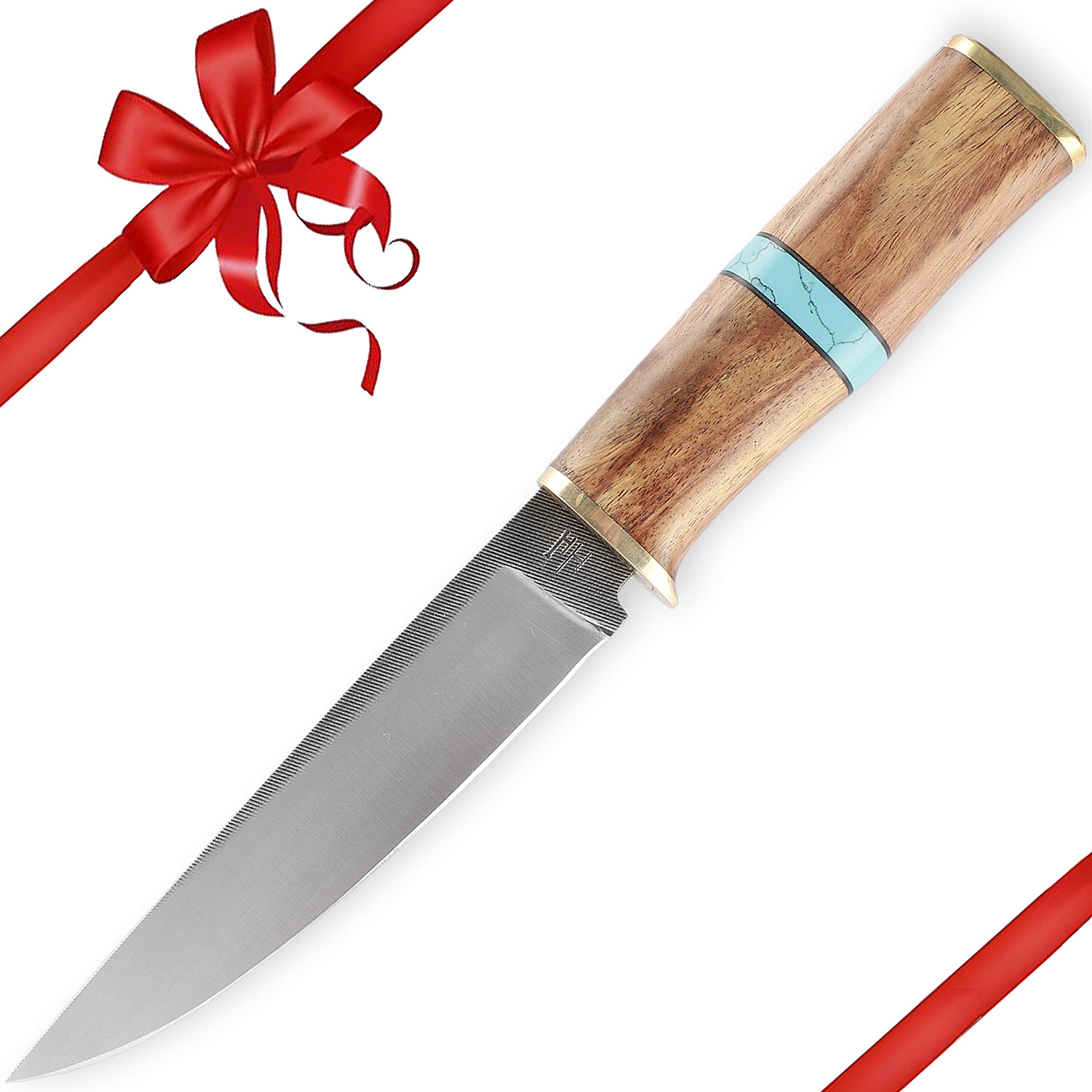 Hobby Hut HH-311, Custom Handmade 13 inches 1095 Steel Hunting Knife with Leather Sheath , Fixed Blade Survival Knife, Wood and Turquoise Handle, Designed for Hunting and Camping