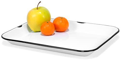Red Co. 13.5” x 10” Enamelware Metal Classic 1.6-Quart Rectangular Serving Tray, Distressed White/Black Rim