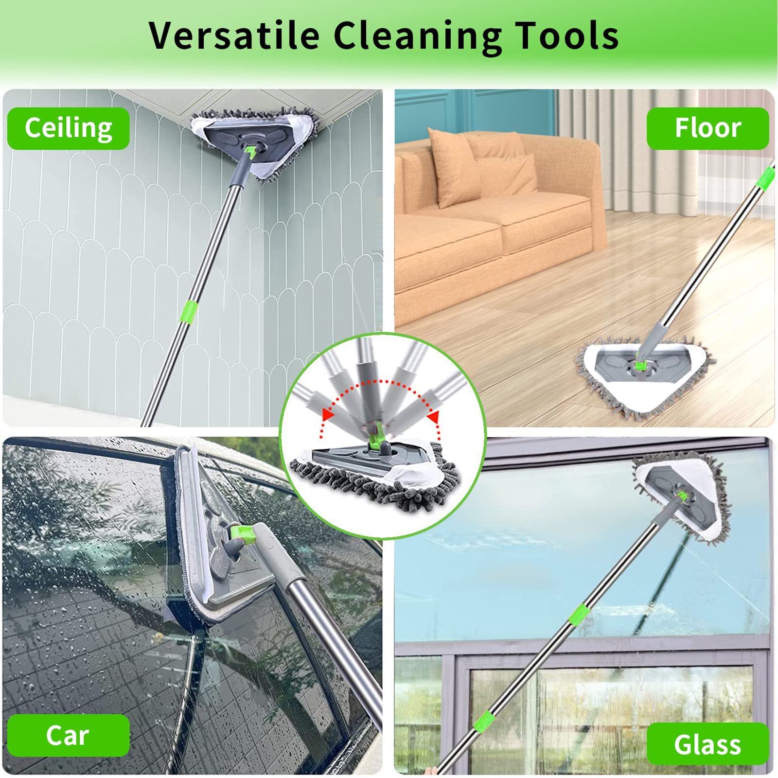 Hicvers Wall Cleaner Mop, Baseboard Tool Duster, with Extension Pole 23'' to 85'', Window Squeegee, 6 Replacement Washable Microfiber Pad, for Cleaning Walls Ceiling Floor, Gray
