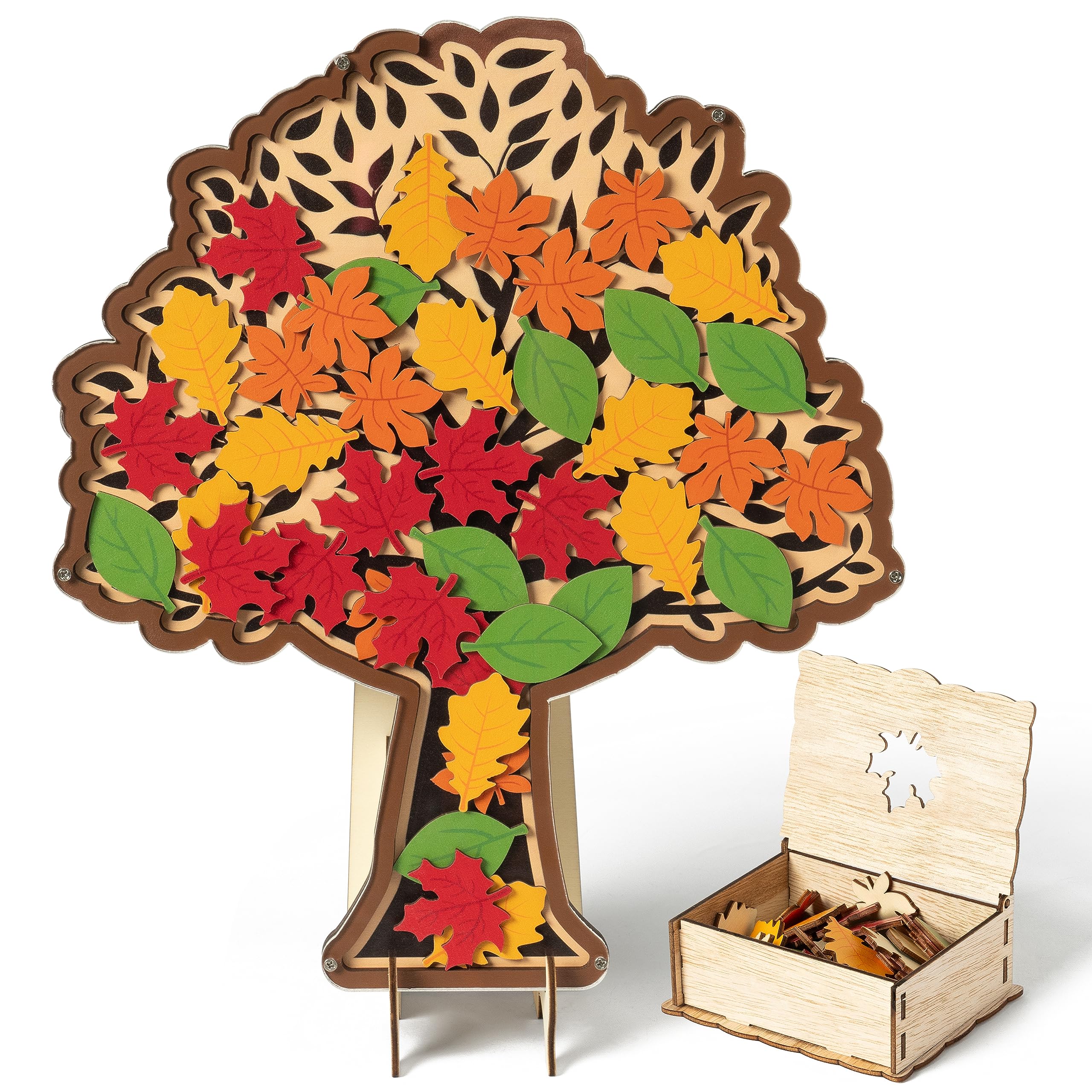 WATINC 50Pcs Thanksgiving Thankful Tree Guest Book Alternative with Wood Box, Fall Rustic Keepsake Tree Drop Box Teacher Appreciation Thank You Gift from Student, Baby Shower Weeding Reception Decor