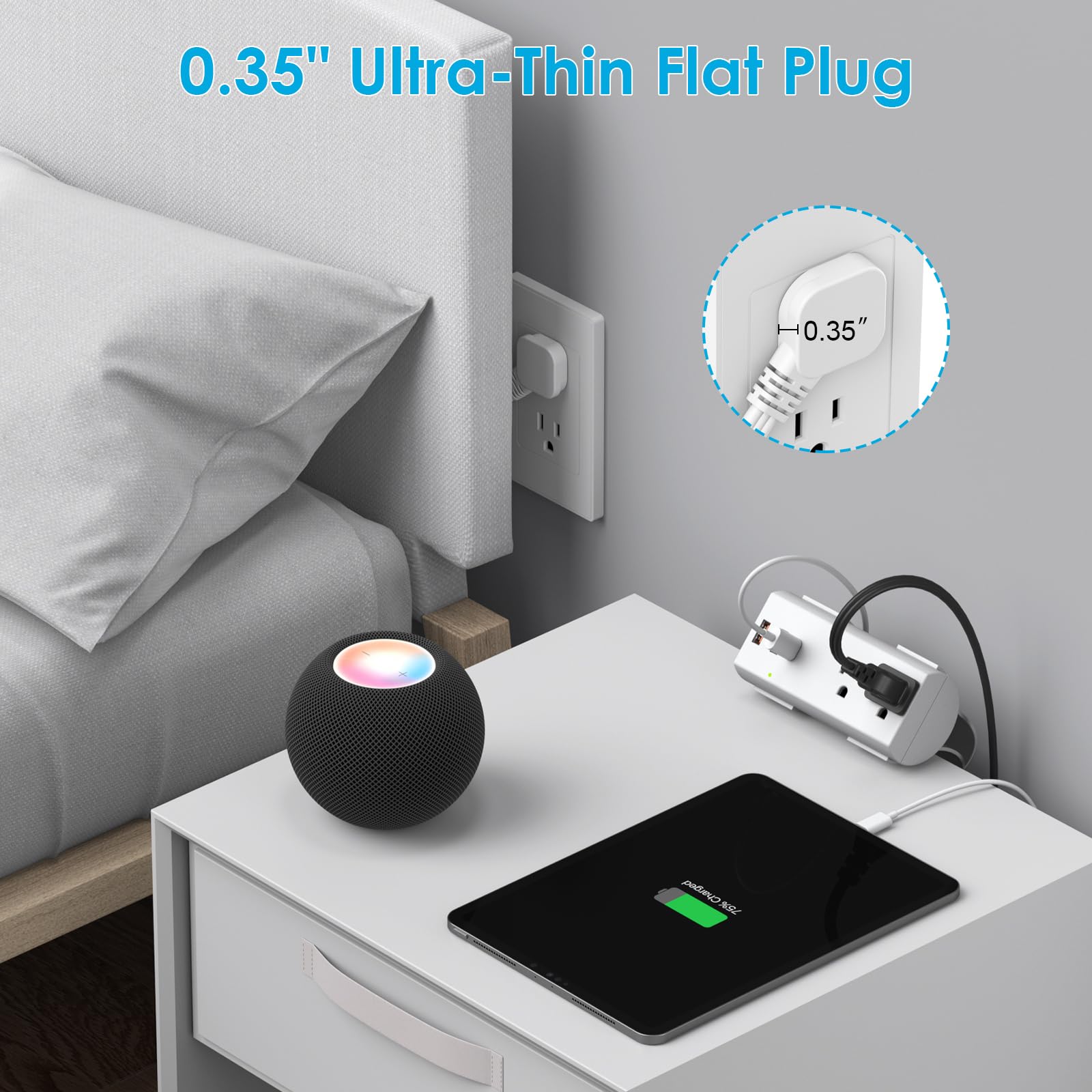 Hidden Sofa Socket, Couch Charging Station Plug in 2AC Outlets PD20W USB-C, QC3.018W USB-A,Furniture Outlet 1050J Surge Protector, Low Profile Extension Cord Flat Plug