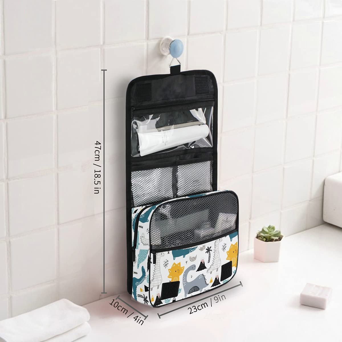 Hanging Travel Toiletry Bag Kit Makeup Case Cosmetics Organizer for Men Women (Kids Cartoon Dinosaurs)