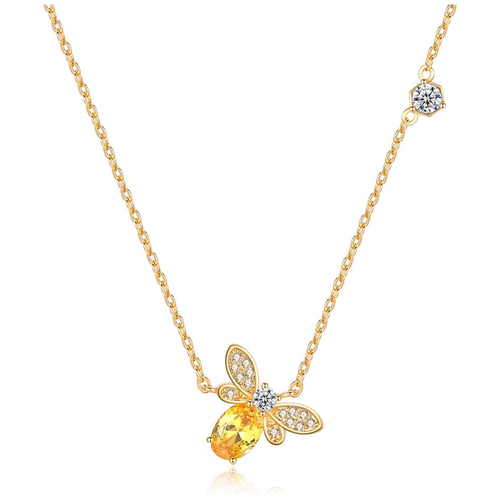 Hypoallergenic 14K Yellow Gold Dainty Cute Amber Lovely Tiny Honey Crystal Cubic Zirconia Bee Pendant Necklace for Women Teen Girls