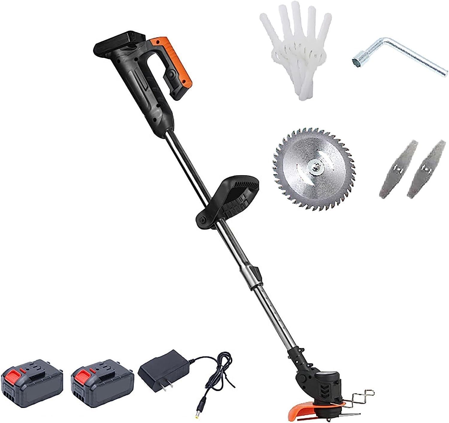 Handheld Cordless Weeder, 24V Lightweight Cordless Lawn Mower with 3 Blades 2 Pieces 24V Battery Charger Portable Home Lawn Garden Trimmer